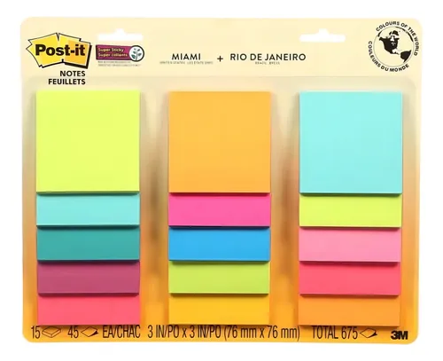 Notas Adhesivas Post It 3m Miami Río De Janeiro 15 Piezas Color Variado