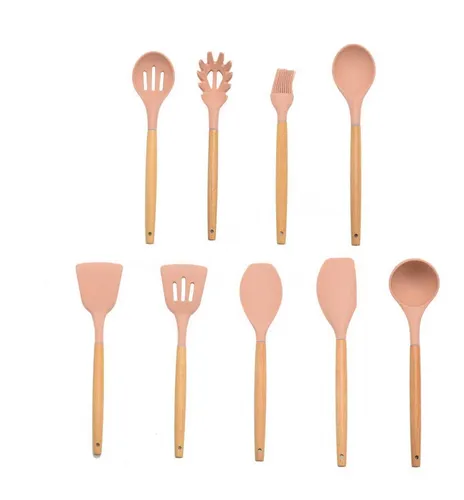 Set Utensilios 9 Piezas Silicona Mango Madera Herramientas