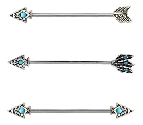 3 Piercing Barra Industrial Aros Flecha Turquesa Plumas 3 Piercing Barra Industrial Aros Flecha Turquesa Plumas
