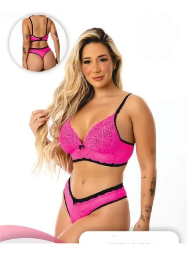Conjunto Lingerie Renda Neon Sutiã Bojo Calcinha Fio Dental
