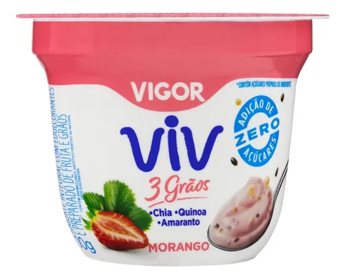 Iogurte Integral Morango Sem Adição De Açúcar Vigor Viv 3 Grãos Pote