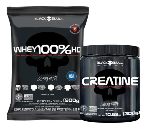 Kit Whey 100 Hd Refil 900g Creatina Pura 300g Black Skull