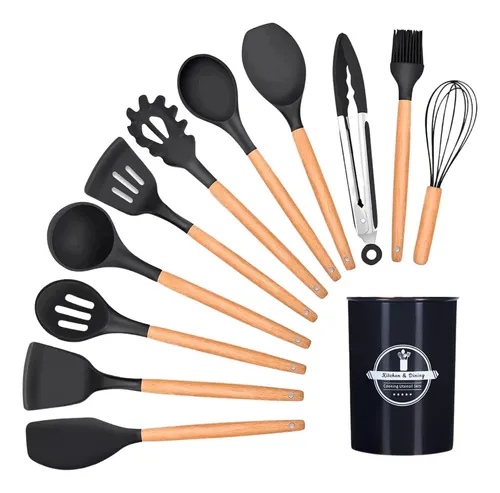 Set De 12 Utensilios De Cocina De Silicona Mango De Madera Color