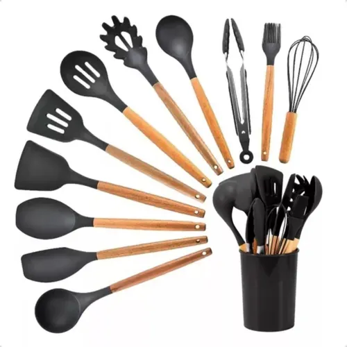 Kit De 12 Utensilios De Cocina De Silicona Con Mango De Madera
