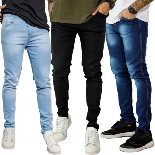 Kit 3 Calça Jeans Skinny Masculina Com Lycra Elastano Top Escorrega O