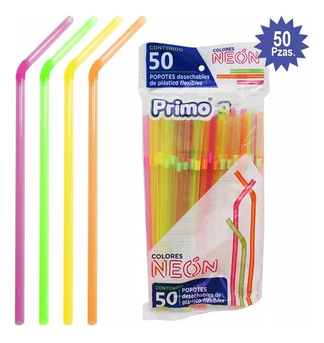 Popote Neón Flexible Desechable 50 Piezas Primo | Meses sin intereses