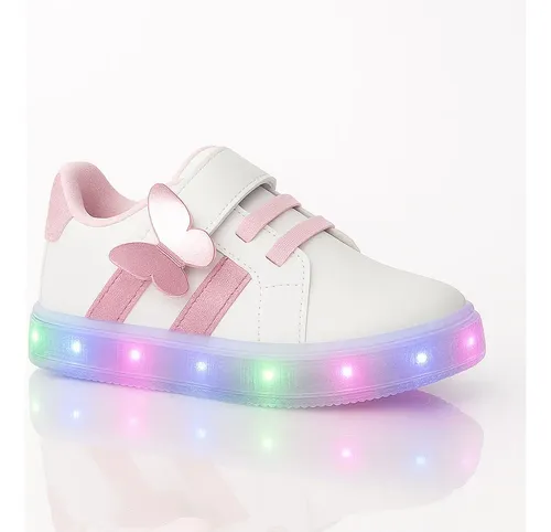 Tenis Borboleta Luz Led Meninas Branco Rosa Glitter Casual ...
