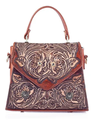 Bolsa Para Dama De Piel Cincelada Con Adorno De Cristales Color Café Diseño De La Tela Ely
