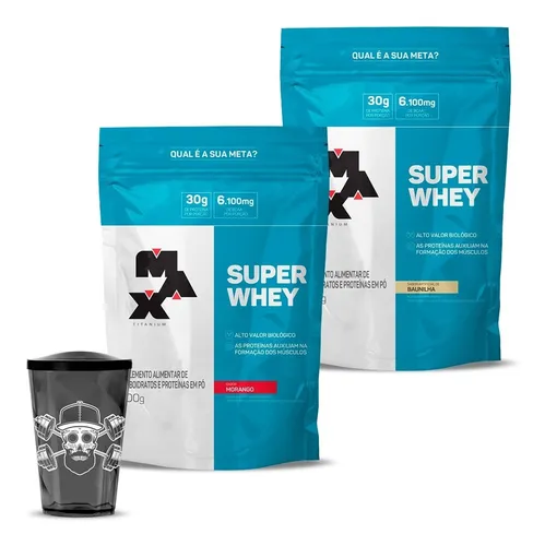 2x Super Whey Concentrado 900g Max Titanium Coqueteleira Frete Grátis