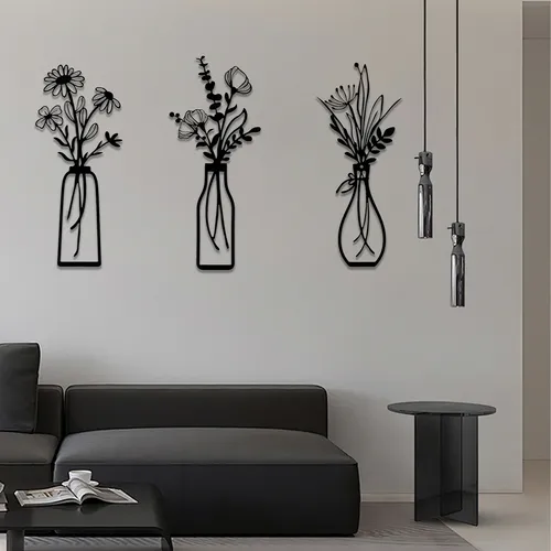 3 Piezas Arte Pared Jarron Flores Metálicas Decorar Negro | MercadoLibre