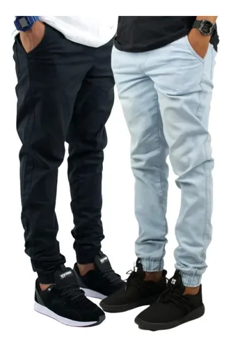 Kit 2 Calças Jogger Sarja Masculina Com Lycra Com Elástico Escorrega