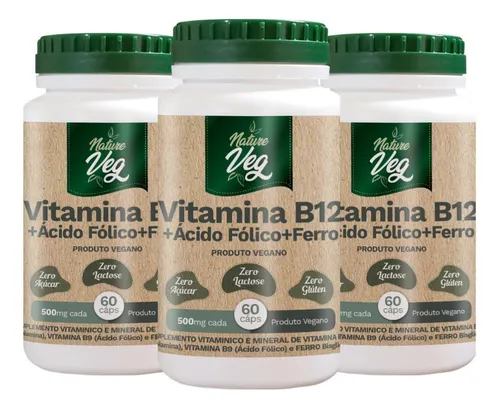 Kit 3 Vitamina B12+ácido Fólico+ferro(produto Vegano)60 Cáps | MercadoLivre Kit 3 Vitamina B12+ácido Fólico+ferro(produto Vegano)60 Cáps | MercadoLivre