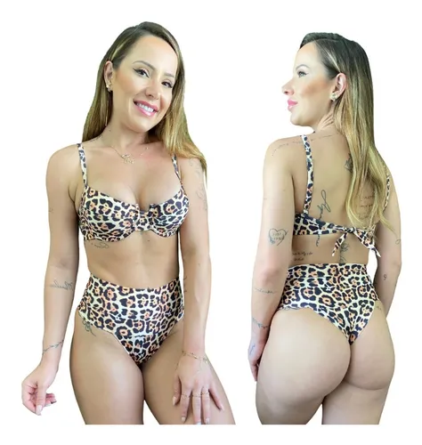 Biquini Aro Meia Taça Retrô Calcinha Disfarça Barriga Onça