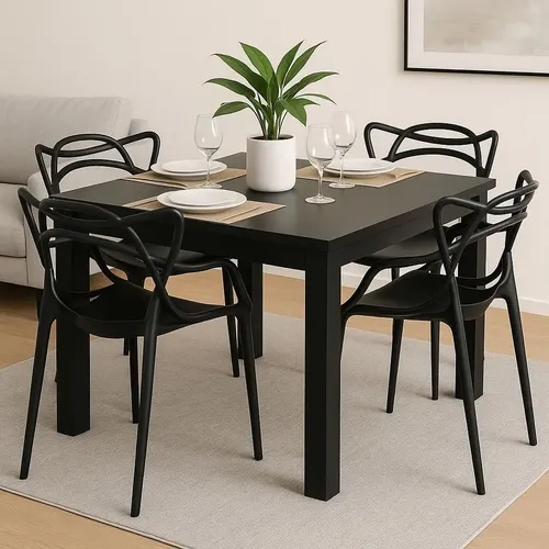 Mesa Preta Ou Mel 90x90 + 4 Cadeiras Allegra Sala Jantar | Frete grátis