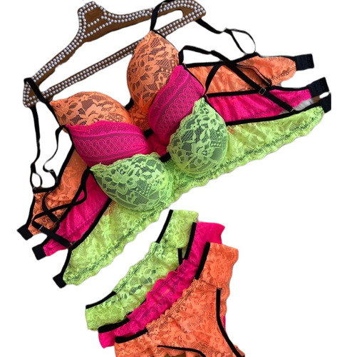 Conjunto Calcinha E Sutiã Com Bojo Renda Sexy Neon Brinde
