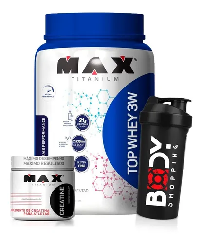 Kit Top Whey 3w 900g Creatina 150g Max Titanium Shaker
