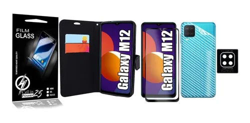 Carteira Skin Carbono Vidro 3d Câmera Para Galaxy M12