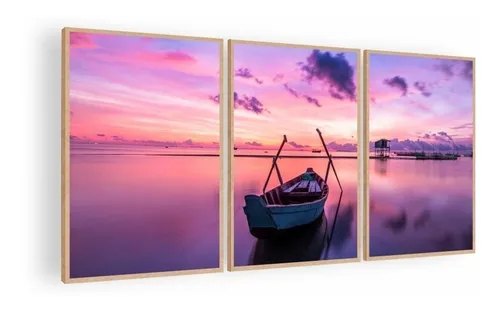 Cuadro Decorativo Mural Triptico Sunset Boat 90x42 Mdf Cuotas Sin Interés