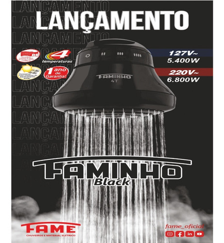 Ducha Faminho 4t Black 127v 5400w C Cano 30cm Parcelamento Sem Juros