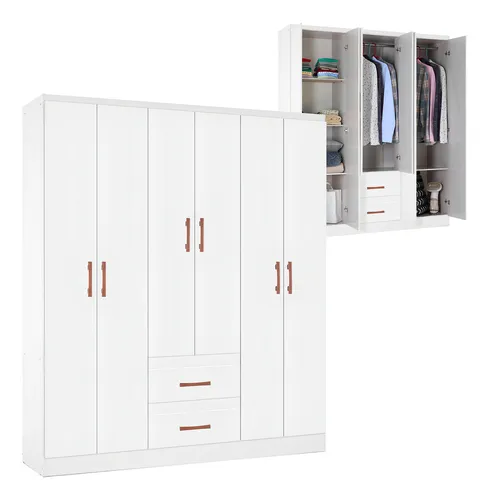 Ropero closet 6 puertas con 2 cajones color blanco mdp repisas y barra ...