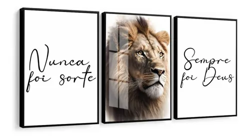 Kit 3 Quadros Decorativos Leão Frase Nunca Foi Sorte Vidro Kit 3 Quadros Decorativos Leão Frase Nunca Foi Sorte Vidro
