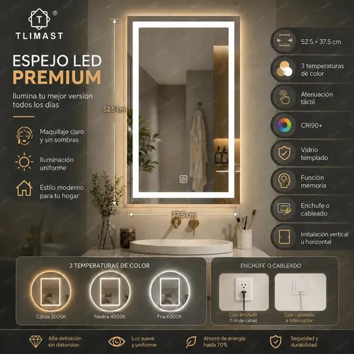 Espejo Rectangular TLIMAST de Pared con Luz LED Táctil para Baño ...