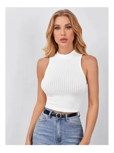 Top Tank Corto Tejido De Canalé De Cuello Alto Shein Cuotas Sin Interés
