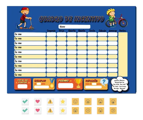 Quadro De Incentivo Azul Escuro Infantil Crianças 16 Imãs