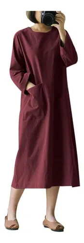 Vestido De Lino Para Mujer De Manga Larga Casual Suelto | Meses sin interés