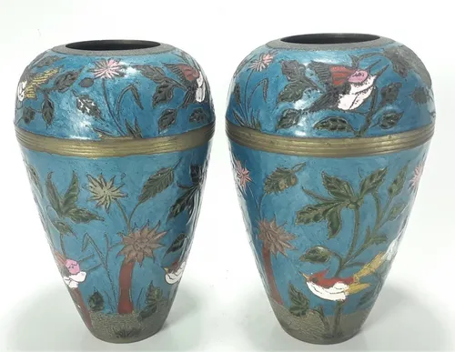 Antigo Par De Vasos Em Chines Em Cloisonne | Parcelamento sem juros Antigo Par De Vasos Em Chines Em Cloisonne | Parcelamento sem juros