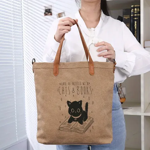 R Set Bolso Bandolera Gato Libros Lona Grande Cartera M | Meses sin interés
