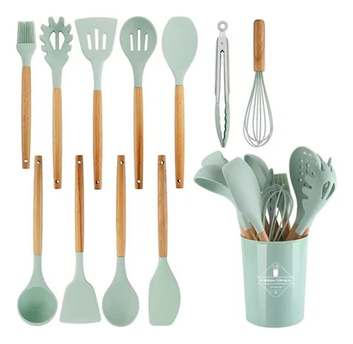 Set 12 Utensilios Cocina Silicona Antiadherente Mango Madera Cuotas