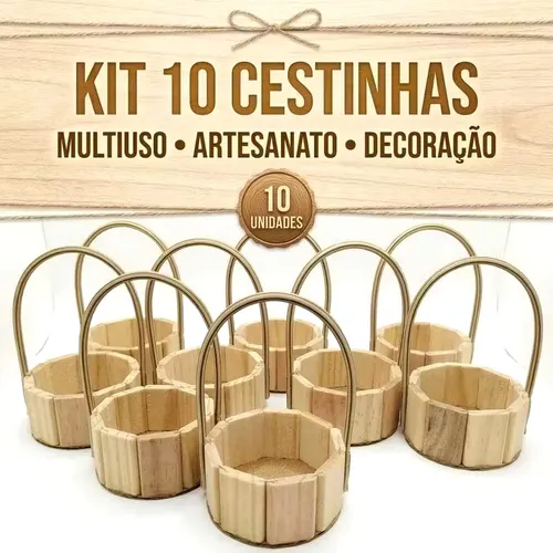 Kit 10 Cestinhas Mini De Madeira Pinus Com Alça 11cm Redonda | Frete grátis