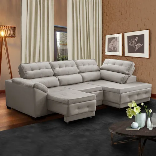 Sofá Canto Retrátil Reclinável 5 Lugares Luiza 250 Cm Suede Cor Cinza