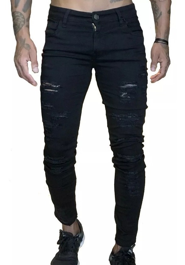 Calça Jeans Masculina Rasgada Skinny Slim C Lycra Preta Mercado Livre