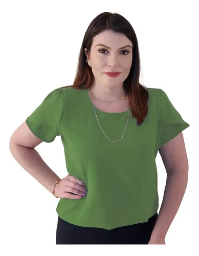 Blusa Social Manga Curta Tulipa Feminina Lisa Em Crepe Duna Mercadolivre