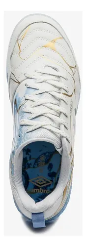 Chuteira Umbro Pro 5 Bump Kintsugi Branco Azul Claro Dourado ...