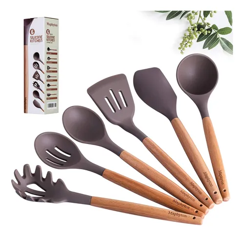 Set 6 Utensilios Cocina Silicona Mango Madera Antihaderente Meses Sin