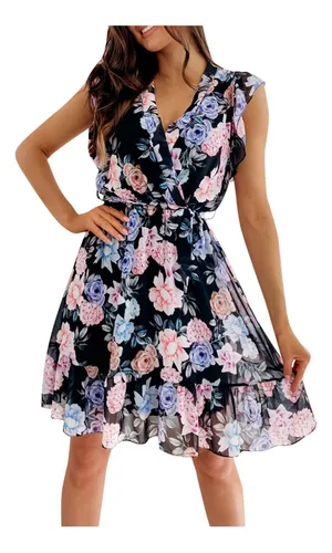 Vestido Eletrônico Feminino Casual Com Decote Em V Manga Cu