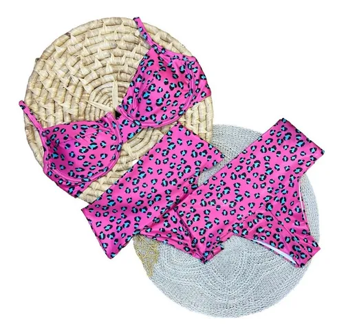 Biquini Hotpants Disfarça Barriga Meia Taça Retrô Onça Rosa