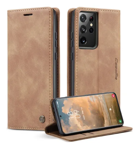 Funda De Piel Con Tapa Para Samsung S21 S22 Ultra S23 Plus Color Marrón