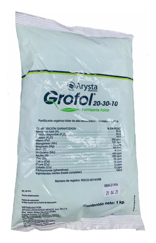 Grofol 20 30 10 Fertilizante Foliar 1 Kilogramo Arysta Meses Sin