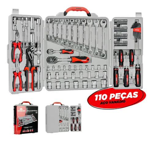 Kit Jogo De Ferramenta Maleta 110 Peças Soquete Chave Worker Cor Cinza Kit Jogo De Ferramenta Maleta 110 Peças Soquete Chave Worker Cor Cinza