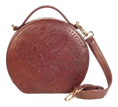 Bolsa D Piel Con Grabado Tipo Cincelado Crossbody Bolsa Dama Color Café Diseño De La Tela