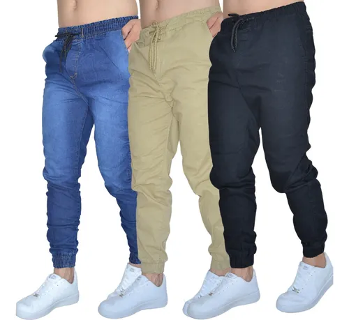 Kit3 Calça Jogger Jeans Sarja Masculina Com Punho Lycra Frete Grátis
