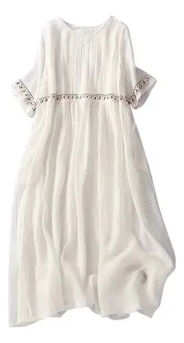 Vestido Holgado Casual De Lino Bordado De Lino Color Liso R | MercadoLibre