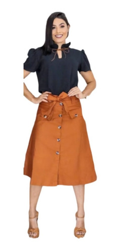 Saia Midi Linho Com Bolsos E Botões Frontal Lançamento 2019
