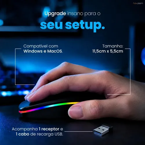Mouse Sem Fio Recarregável Wireless Óptico Ergonômico Sem Fio Led Rgb ...