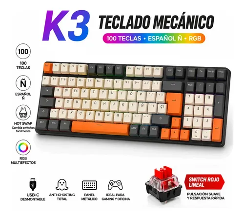 Teclado Mecánico Free Wolf K3 100 Teclas Español Ñ RGB Switch Rojo USB ...
