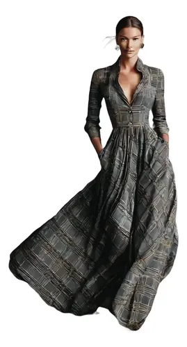 Vestido Longo Xadrez Vintage Decote V Elegante | Parcelamento sem juros